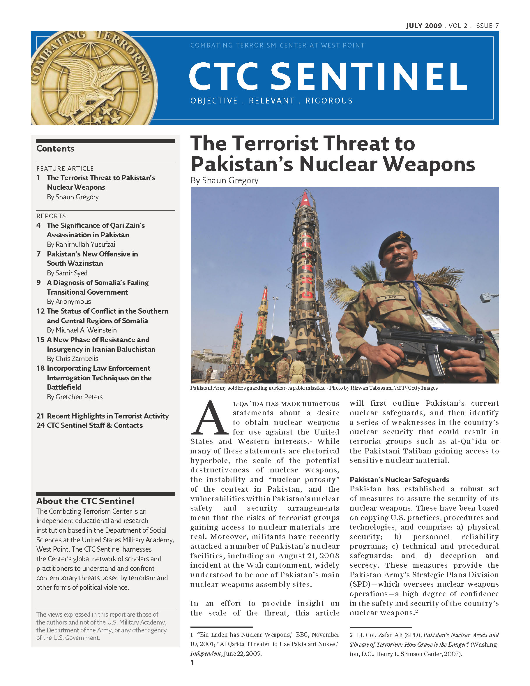 The Terrorist Threat to Pakistan’s Nuclear Weapons - Combating ...